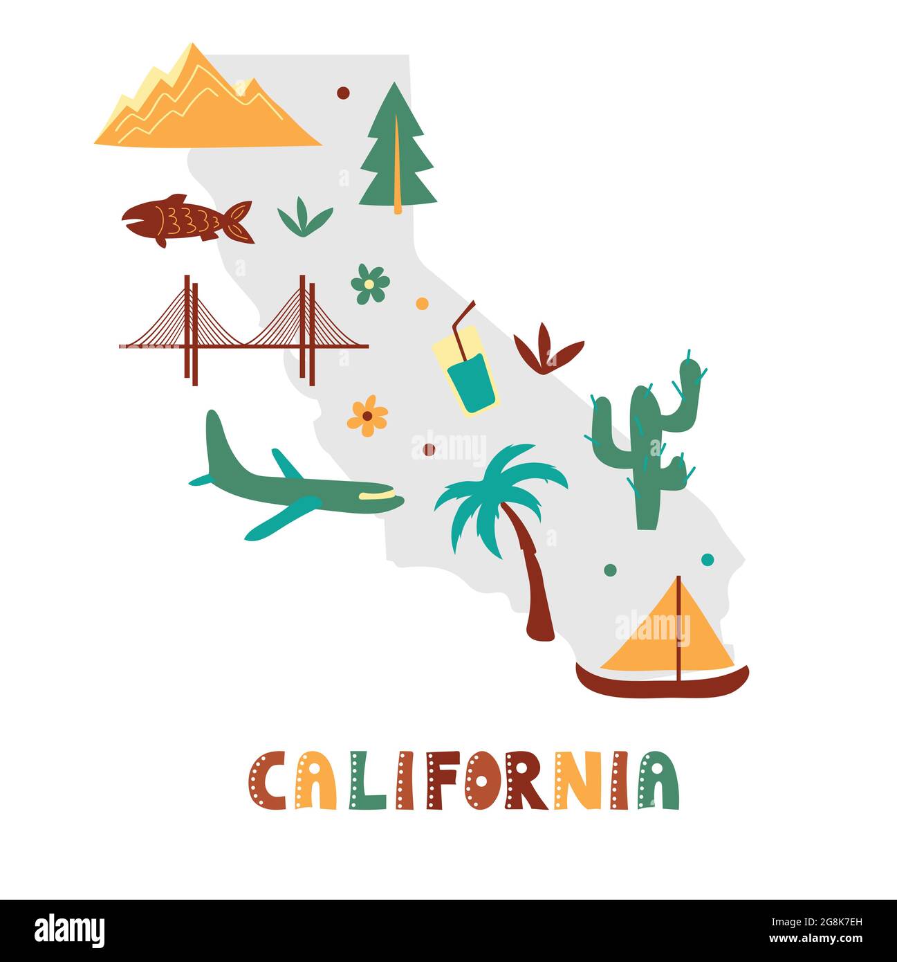 USA map collection. State symbols and nature on gray state silhouette ...