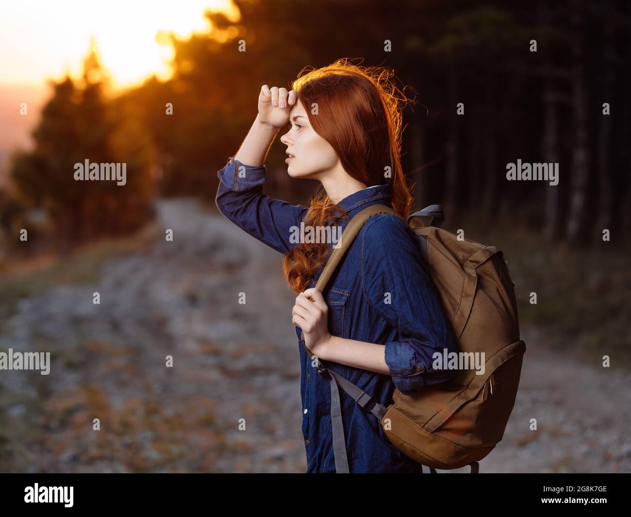 woman with backpack on nature walk vacation mountains Stock Photo - Alamy
