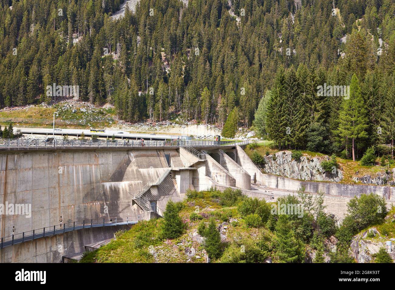View of spillway and floodgates from dam crown - Sufnersee dam, Sufers ...