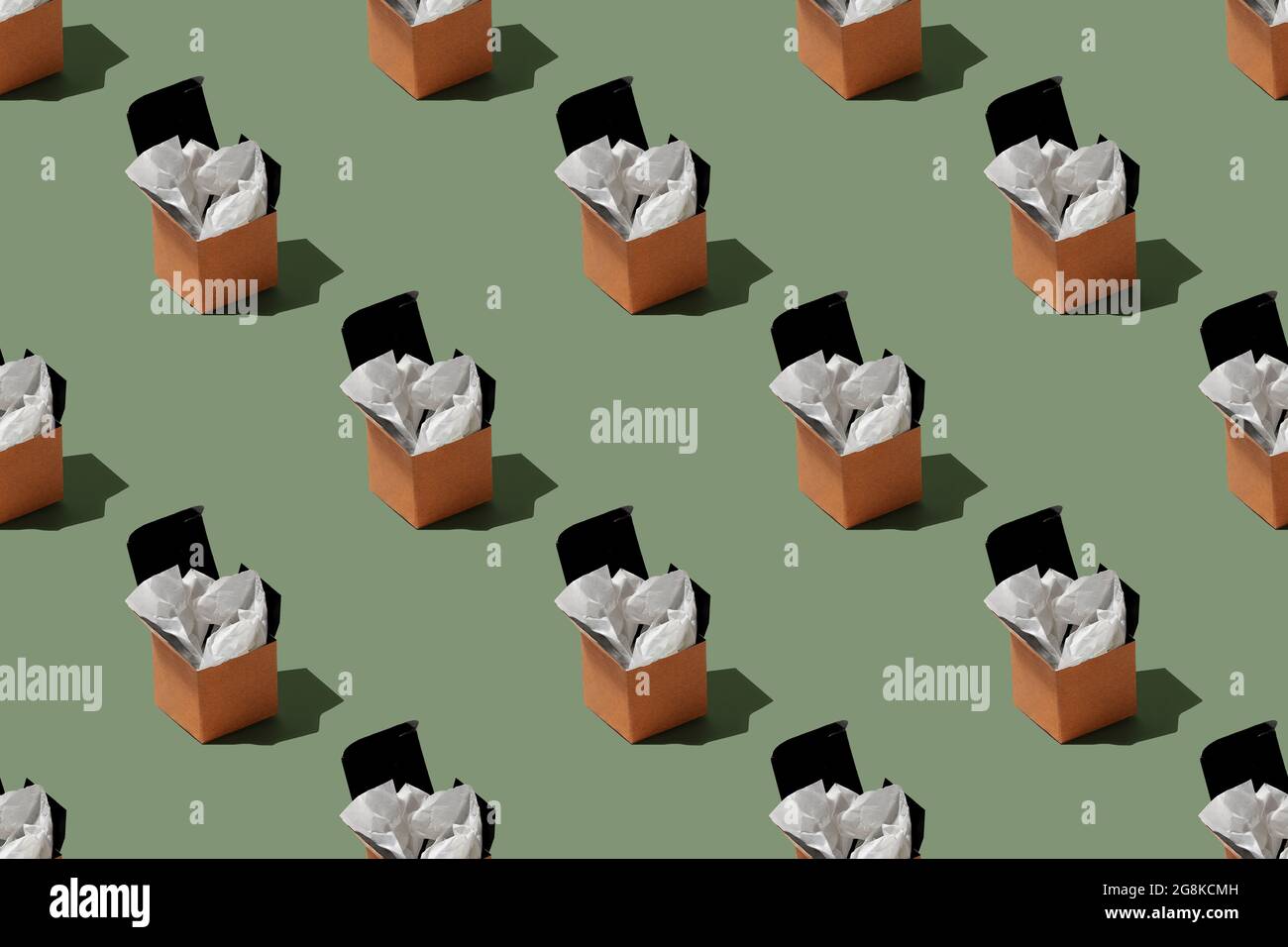 Seamless pattern of open paper delivery box on green background. Modern ...