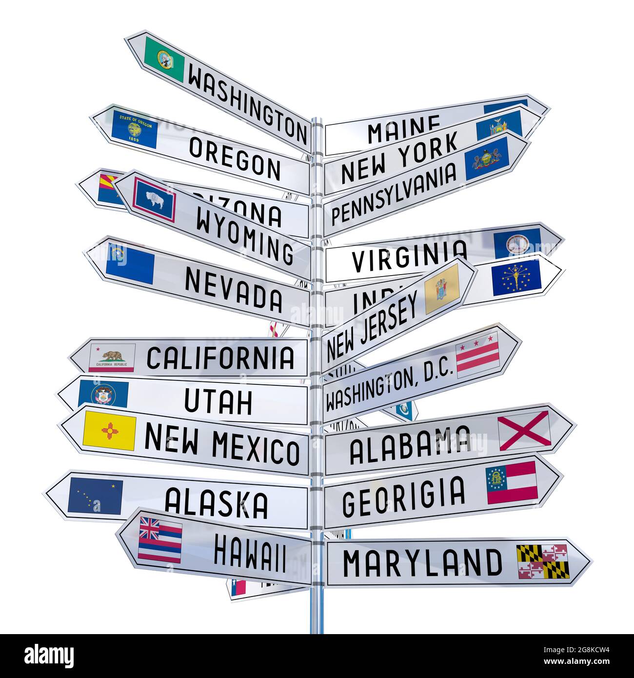 Signpost with different states in the USA, white background - 3D ...
