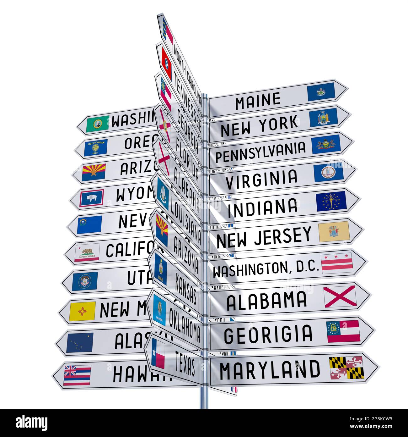 Signpost with different states in the USA, white background - 3D ...