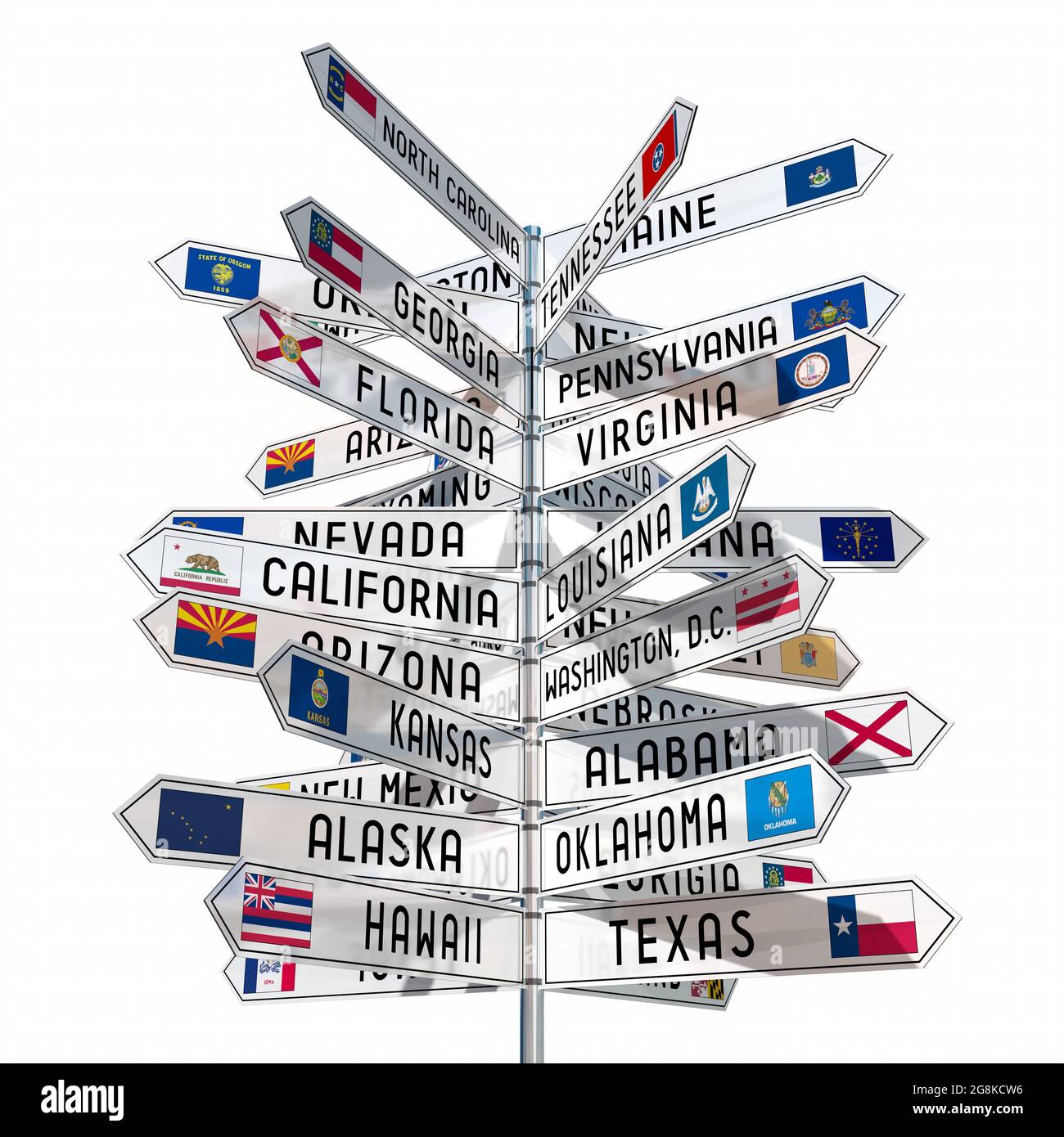 Signpost with different states in the USA, white background - 3D ...