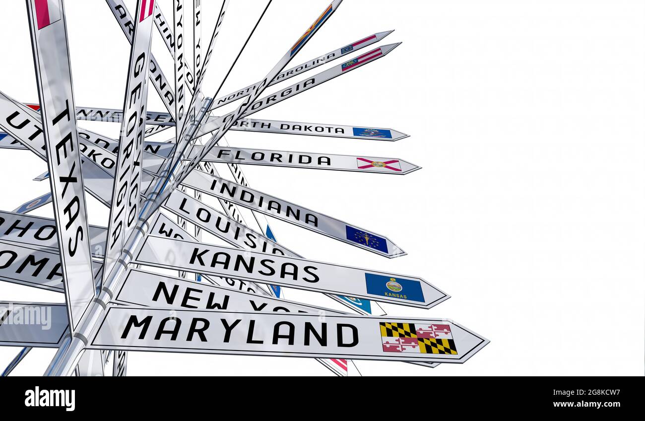 Signpost with different states in the USA, white background - 3D ...