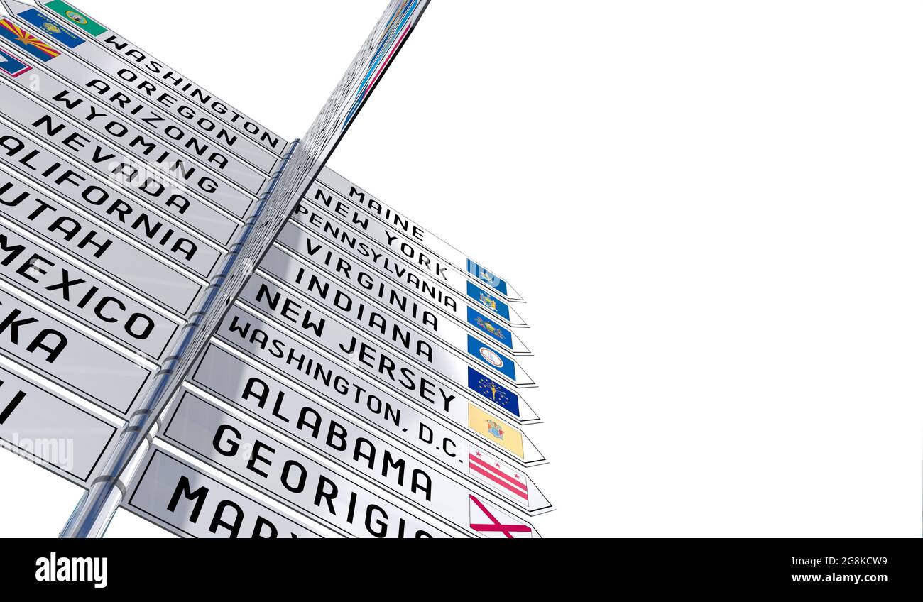 Signpost with different states in the USA, white background - 3D ...