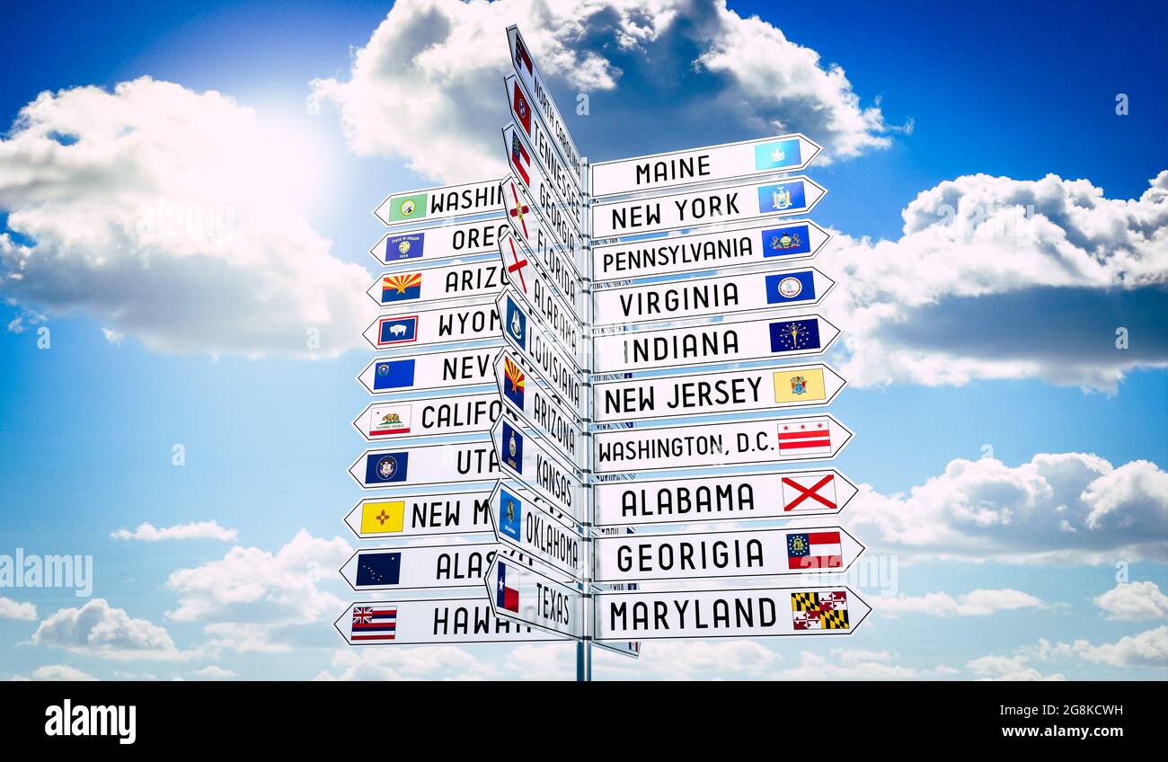 Signpost with different states in the USA, sky in background - 3D ...
