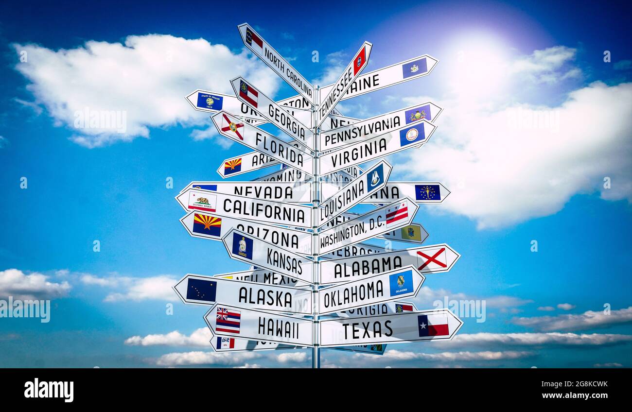 Signpost with different states in the USA, sky in background - 3D ...