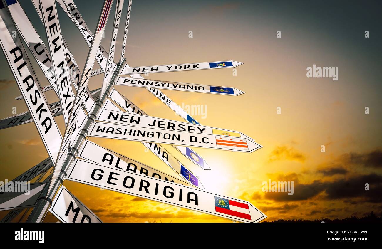 Signpost with different states in the USA, sky in background - 3D ...