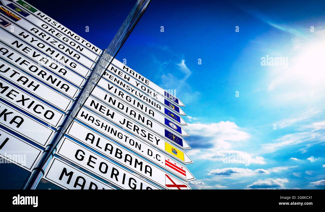 Signpost with different states in the USA, sky in background - 3D ...