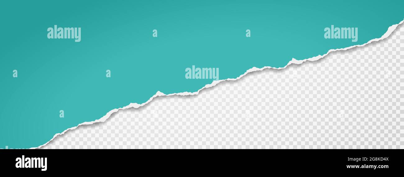 Torn, ripped turquoise paper strip with soft shadow is on white squared ...