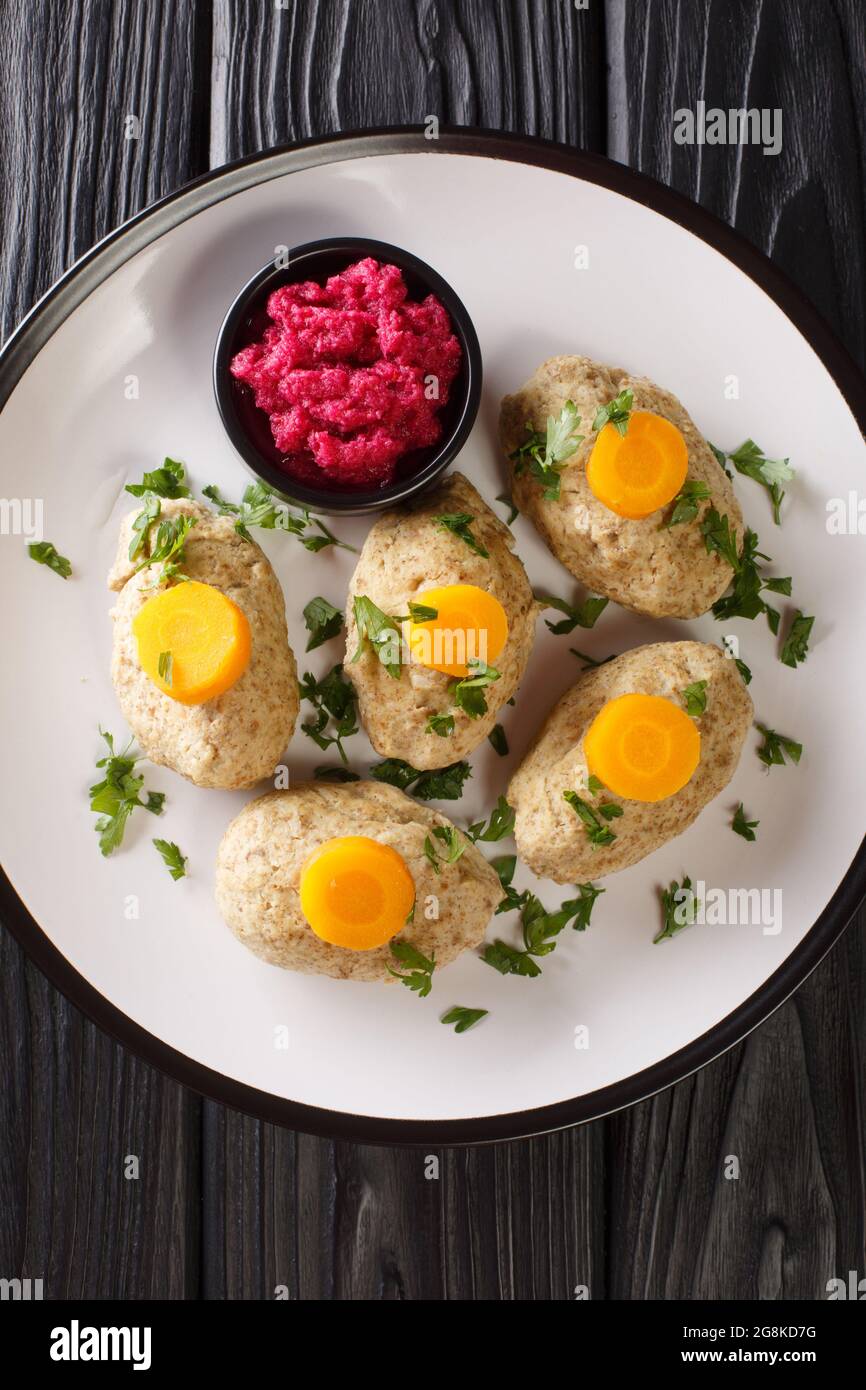 Jewish Gefilte Fish Recipe with Beet Horseradish closeup in the plate ...