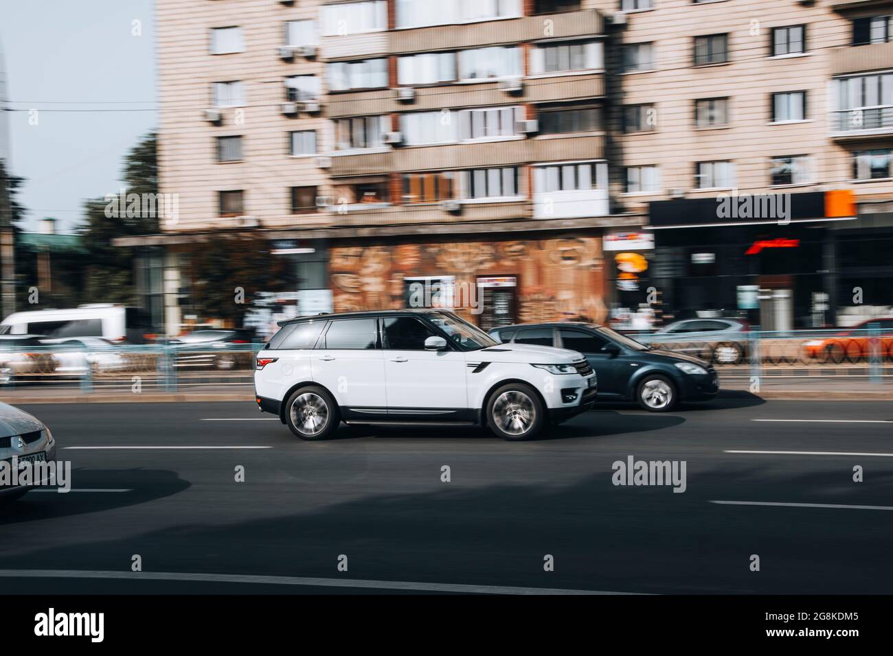 Ukraine, Kyiv - 16 July 2021: White Land Rover Range Rover Sport car ...