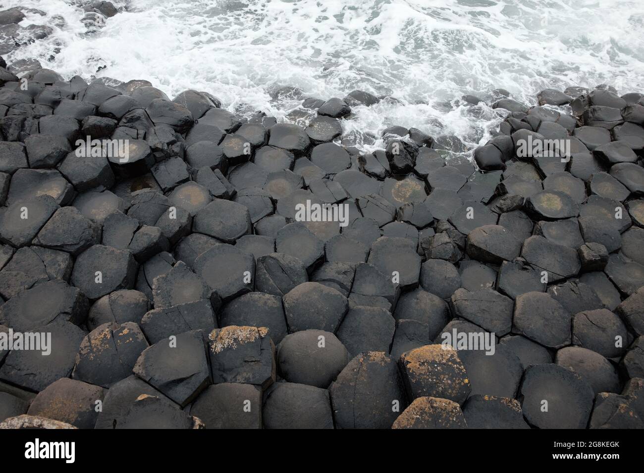 High angle view of basalt rocks on the seashore; Causeway coast in ...