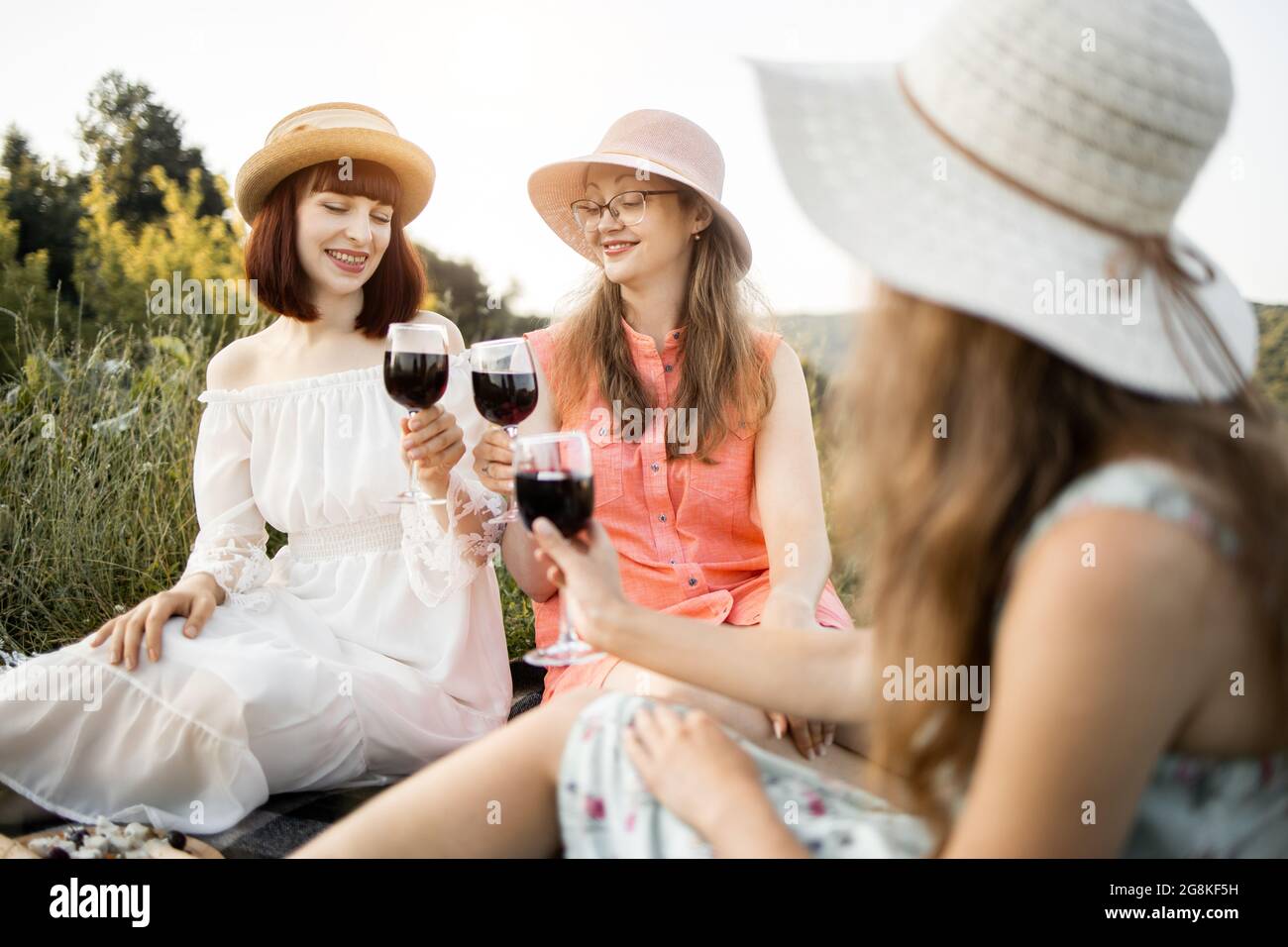 Three young girlfriends in hats and dresses, relaxing drinking red wine ...