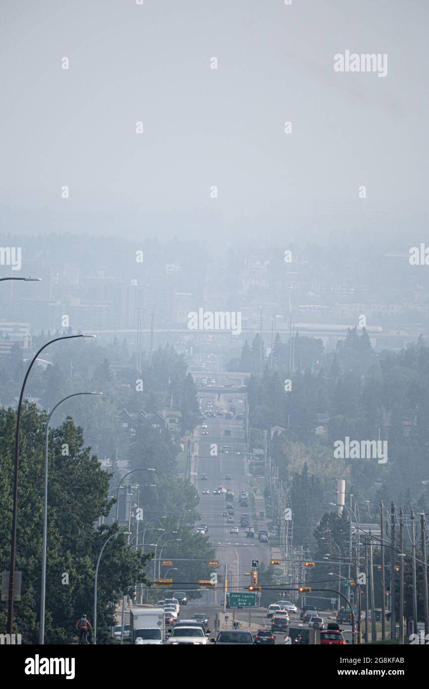 Downtown Calgary city street covered with smoke from forest fires Stock ...
