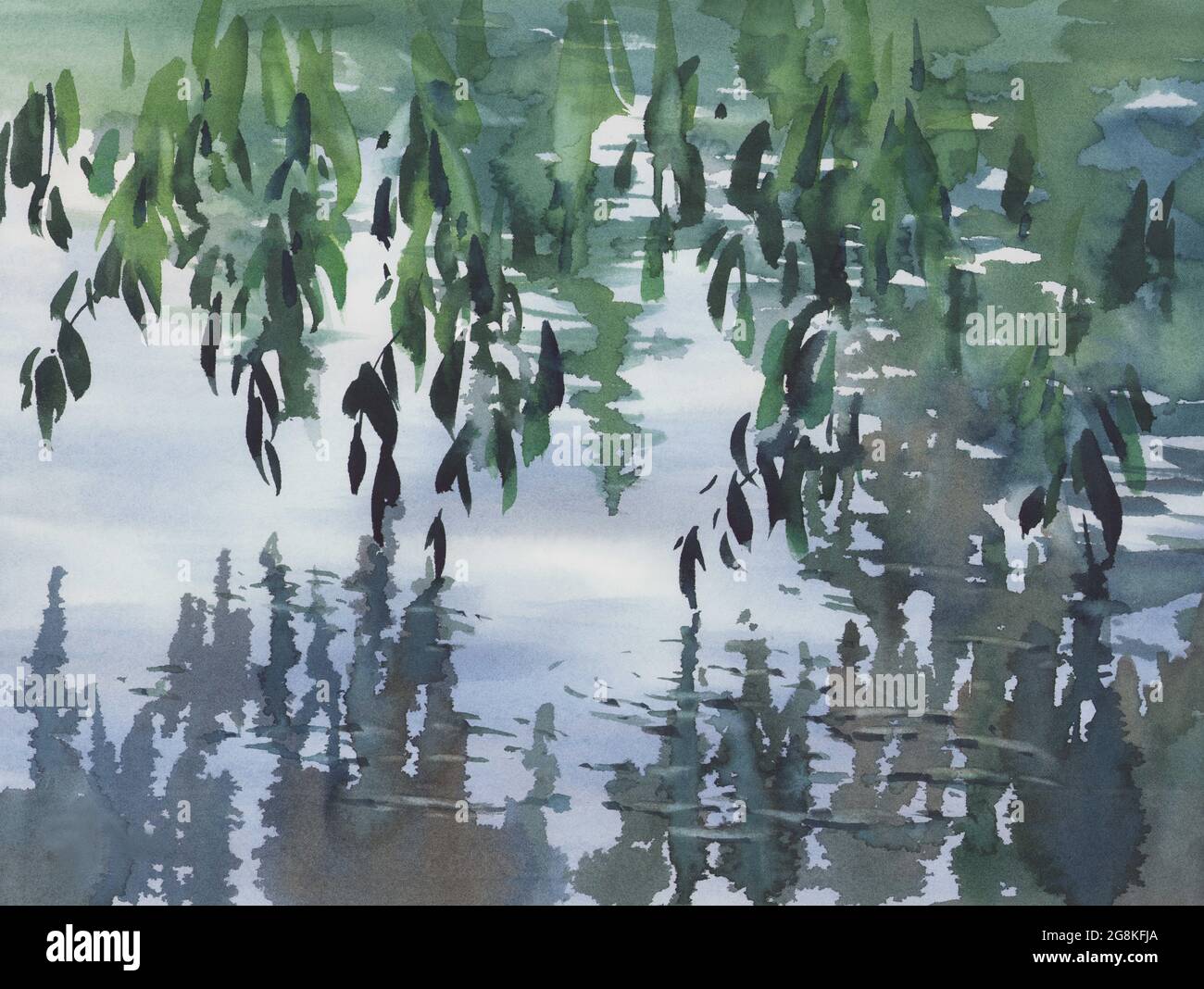 A stream in the forest in spring watercolor background Stock Photo - Alamy