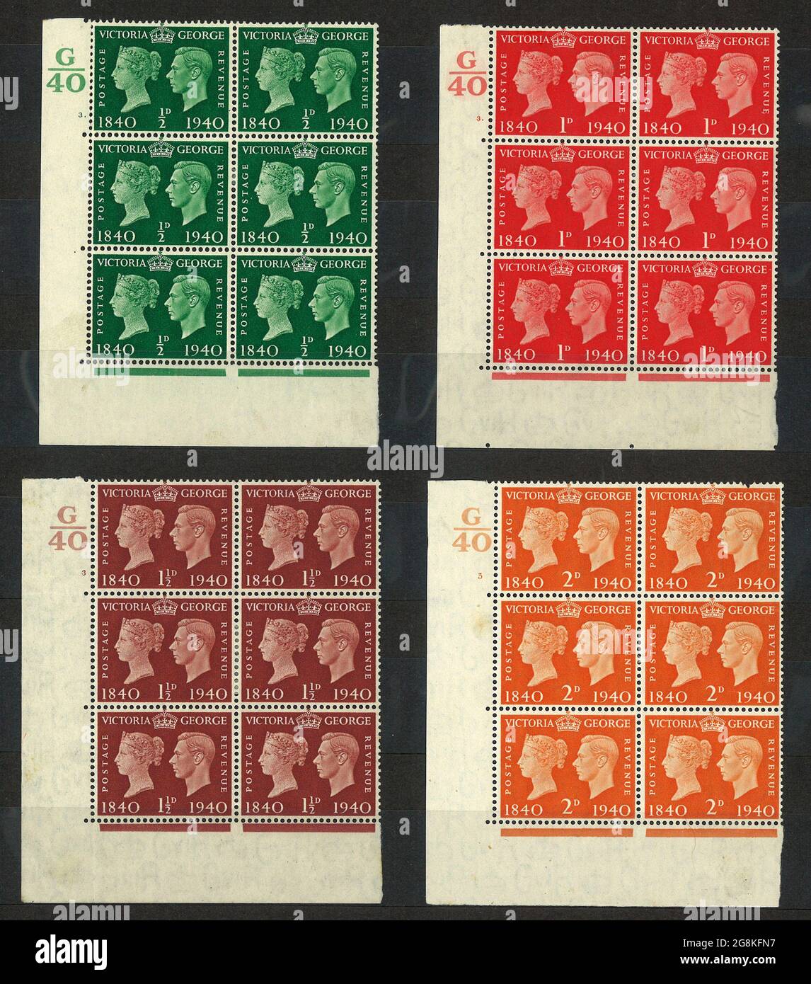 British Postage Stamp Centenary 1940 control blocks G40 Stock Photo - Alamy