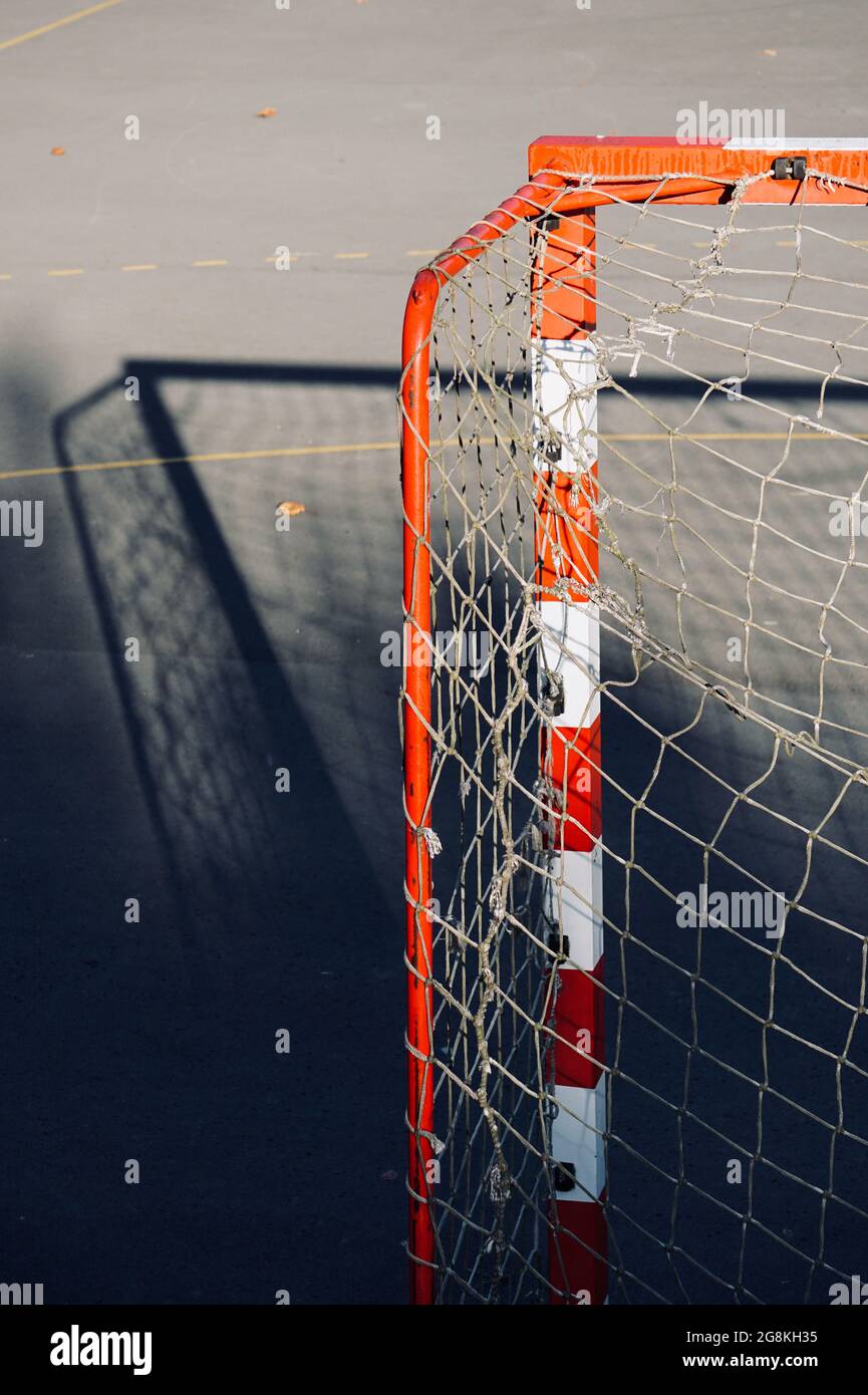 Red and white painted goal post on the football field Stock Photo - Alamy