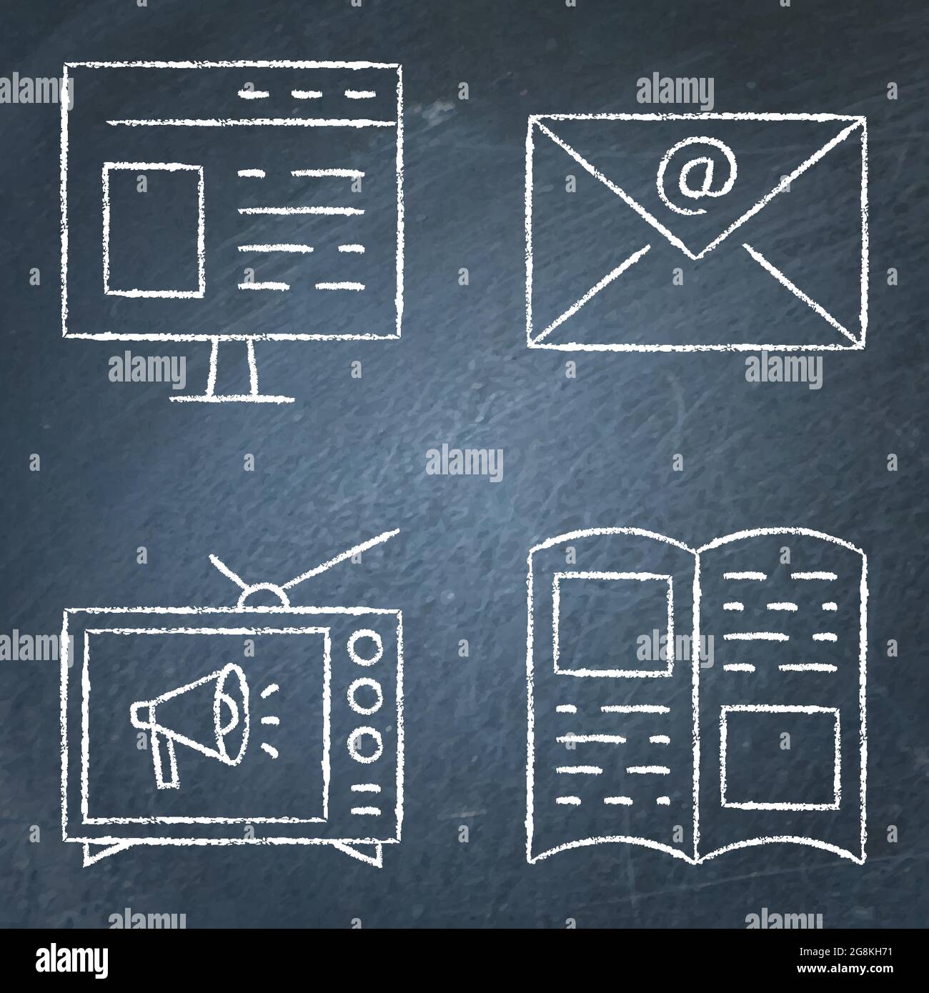 Advertising methods icon set on chalkboard. TV advertisement, email ...