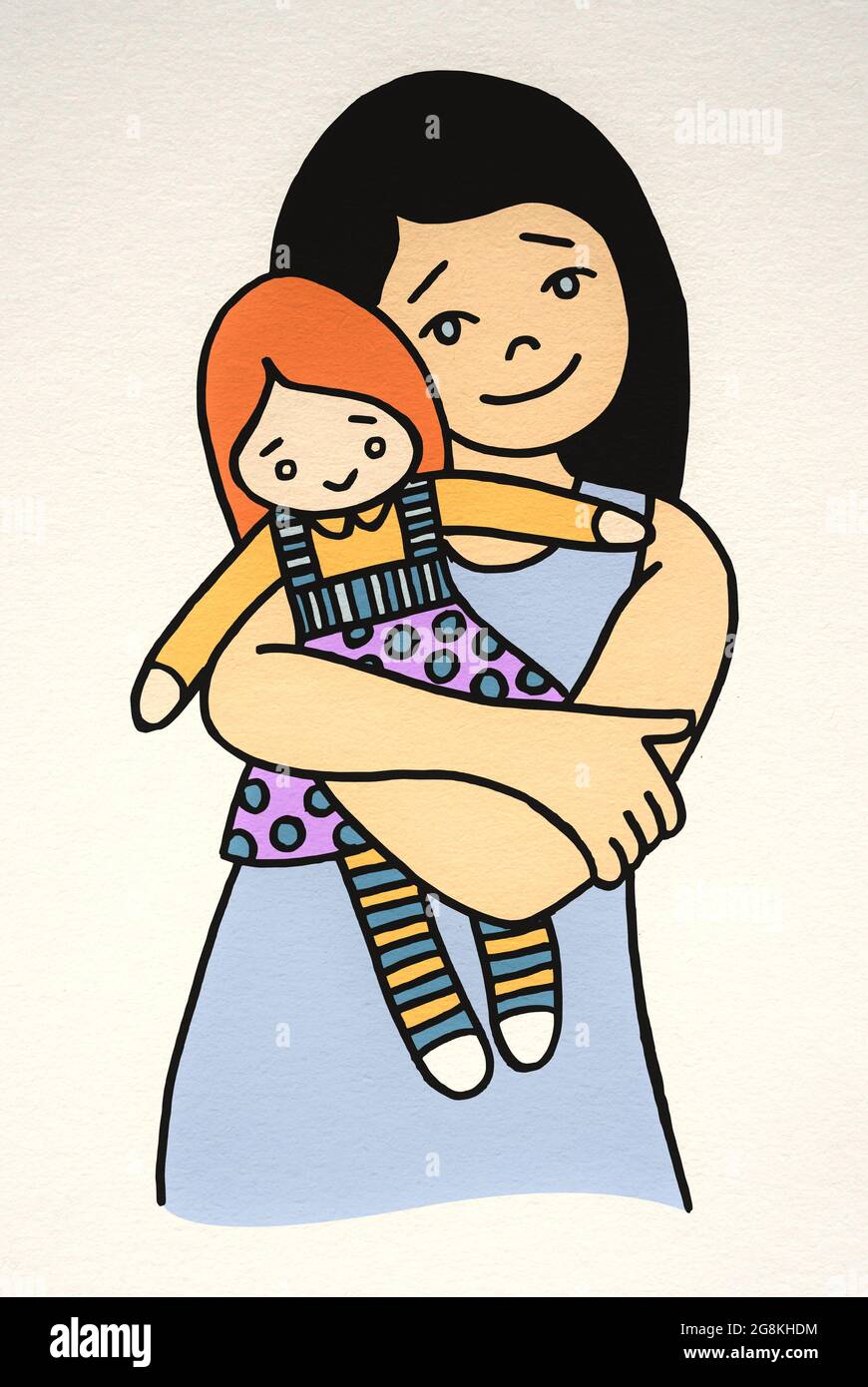 Simple cartoon illustration of a young brunette girl hugging and ...