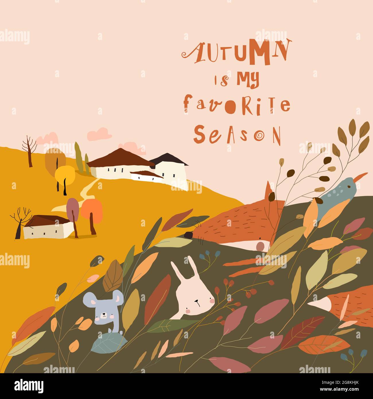 Cartoon Autumn Landscape with Little Village and Animals in Plants ...