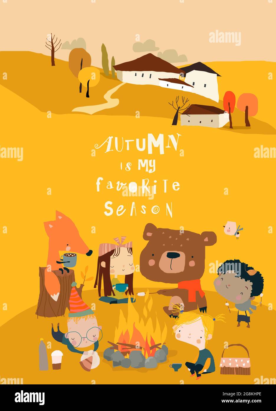 Cute Cartoon Friends sitting around Bonfire in Autumn Forest Stock ...