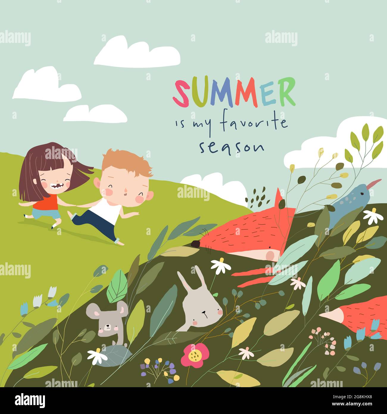 Cartoon Summer Illustration with Happy kids and Animals in Plants Stock ...