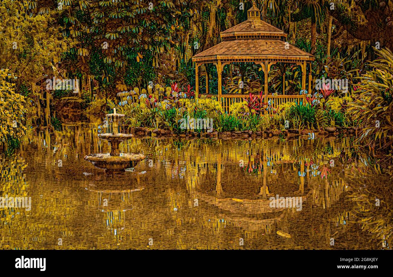 Vintage Artsy Gazebo and Fountain Reflecting in a Garden Pond Stock ...