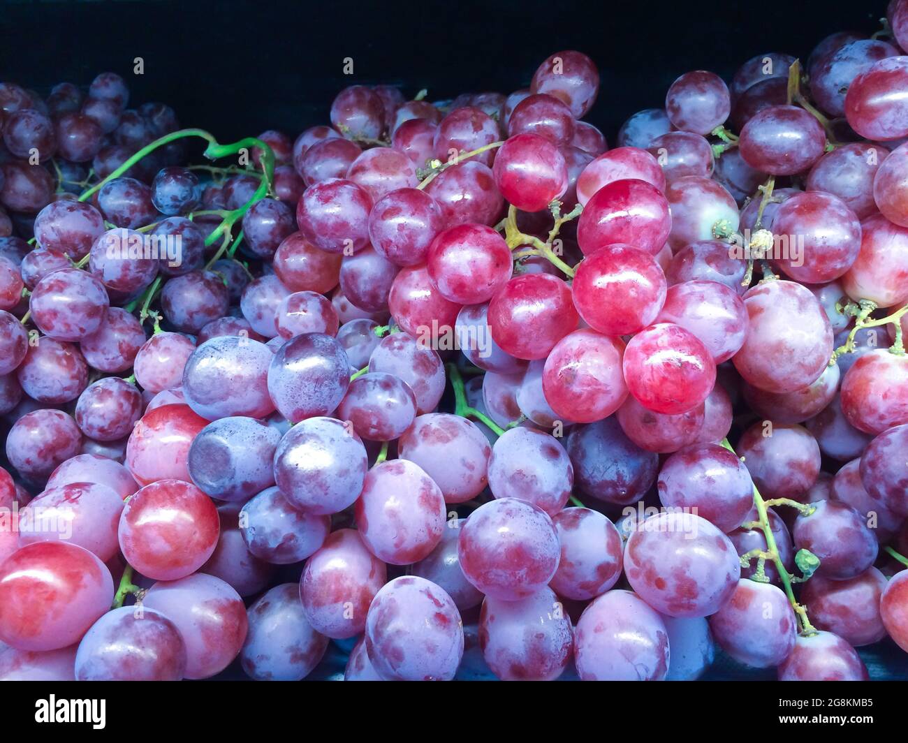 Ripe and fresh red grapes on the fruit shelf in a supermarket ...