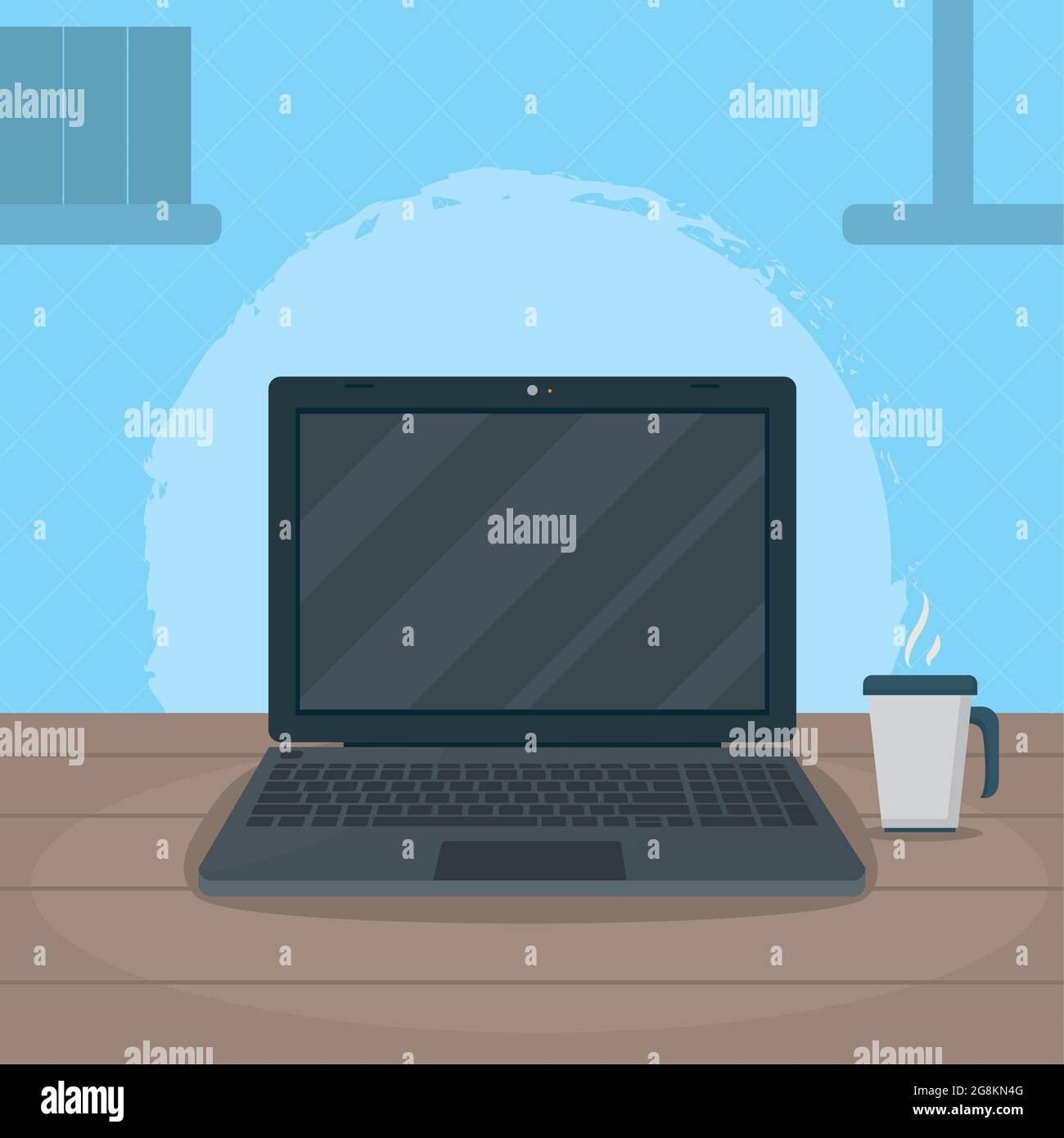 desk illustration with laptop computer and coffee cup Stock Vector ...