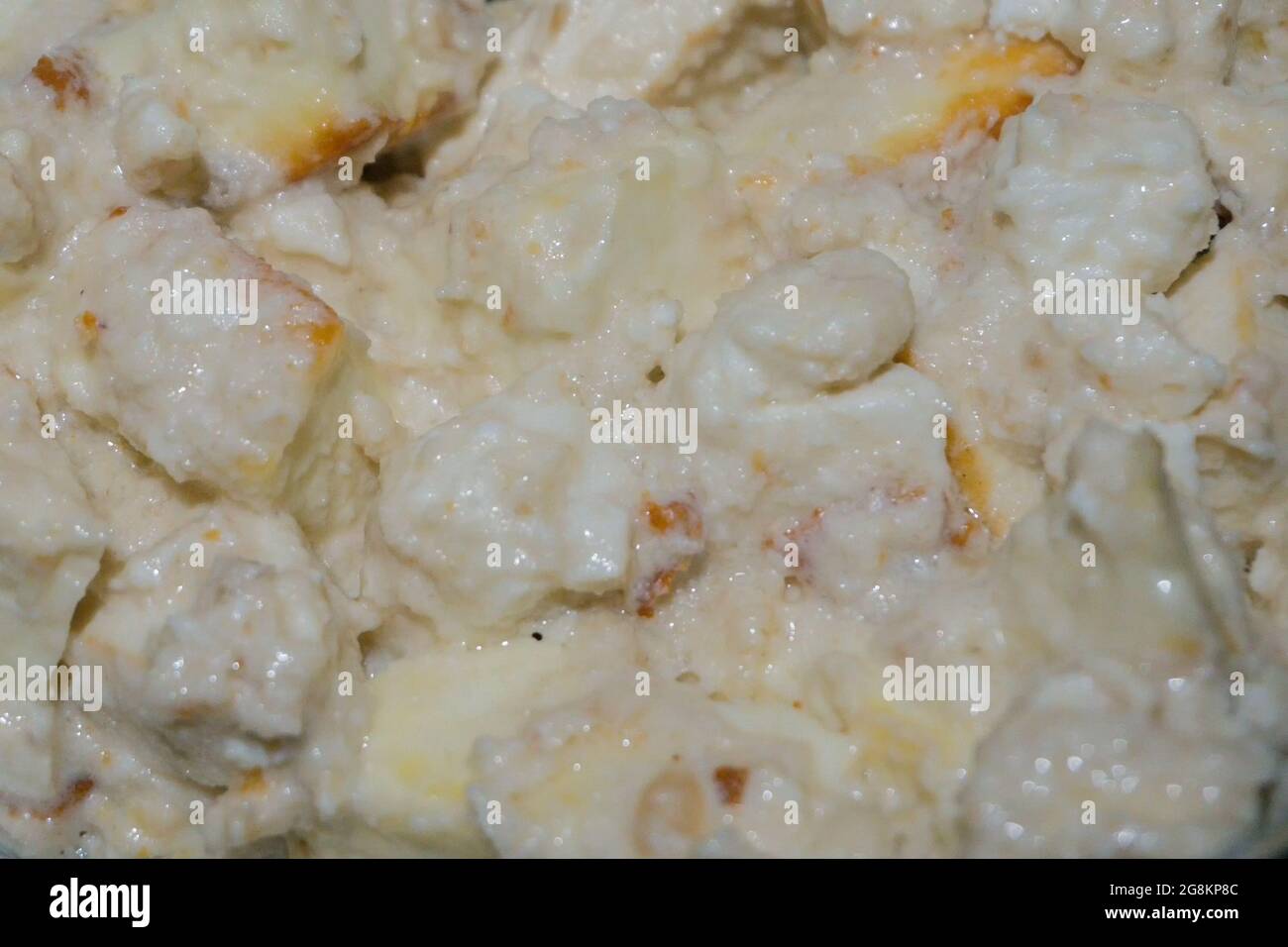 Cubes of fresh white paneer on a plate , being served. Close up image ...