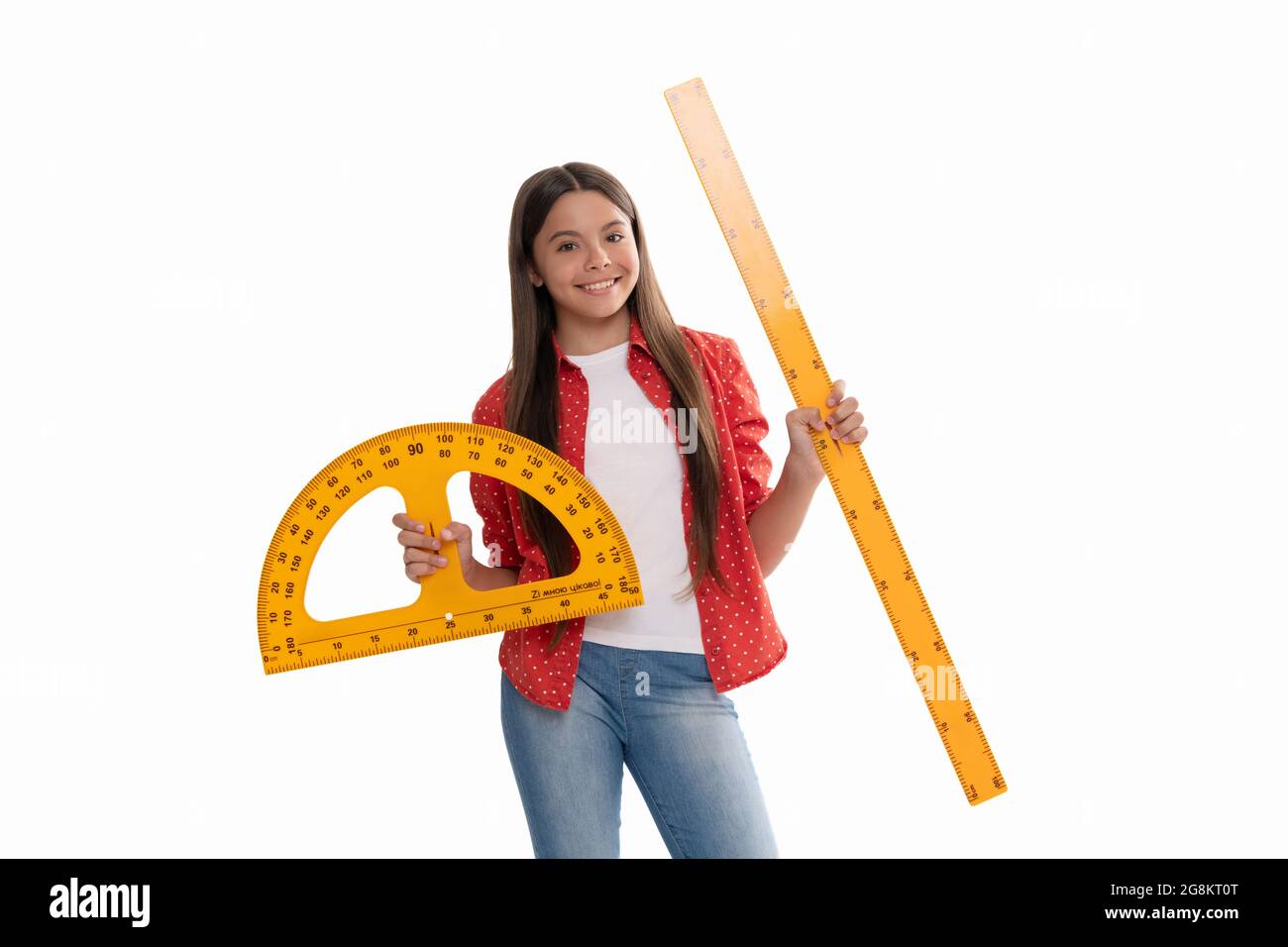happy teen girl hold protractor ruler measuring size and angle degree ...