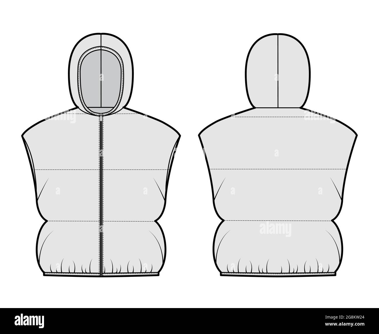 Hooded Down vest puffer waistcoat technical fashion illustration with ...