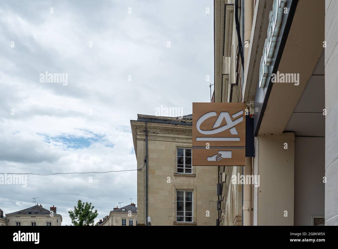 SABLE, FRANCE - Jul 12, 2021: The Credit Agricole Bank sign on a road ...
