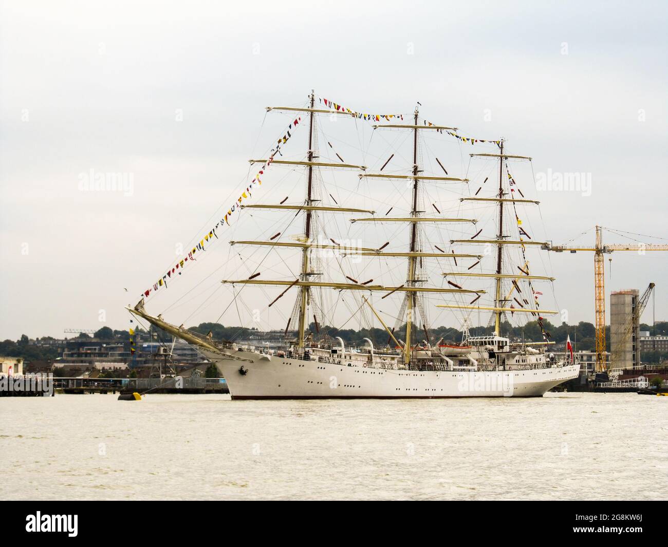 A large full rigged tall ship moored in the western part of the Thames ...