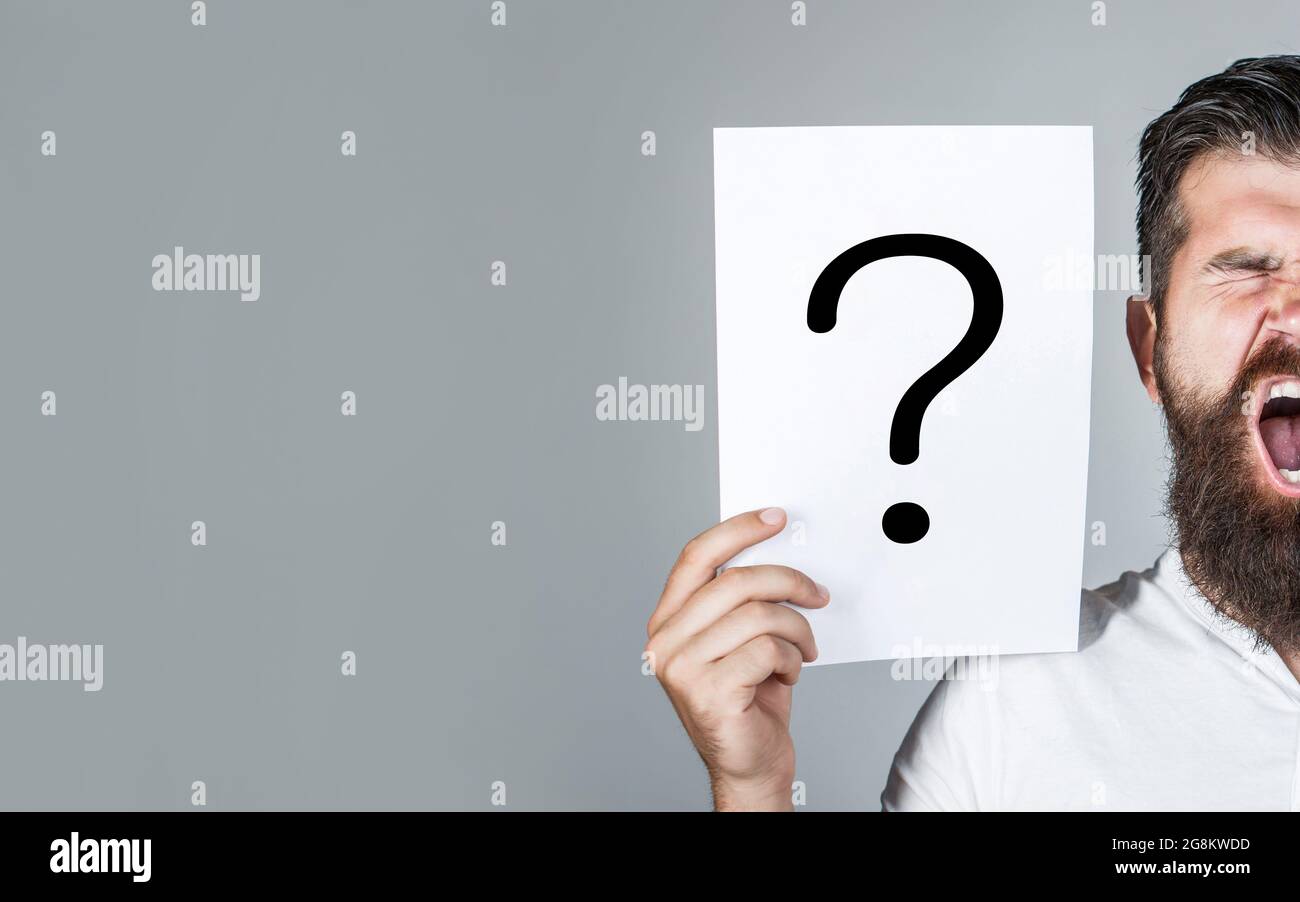Screaming man. Getting answers, scream. Question mark, symbol. Concept ...