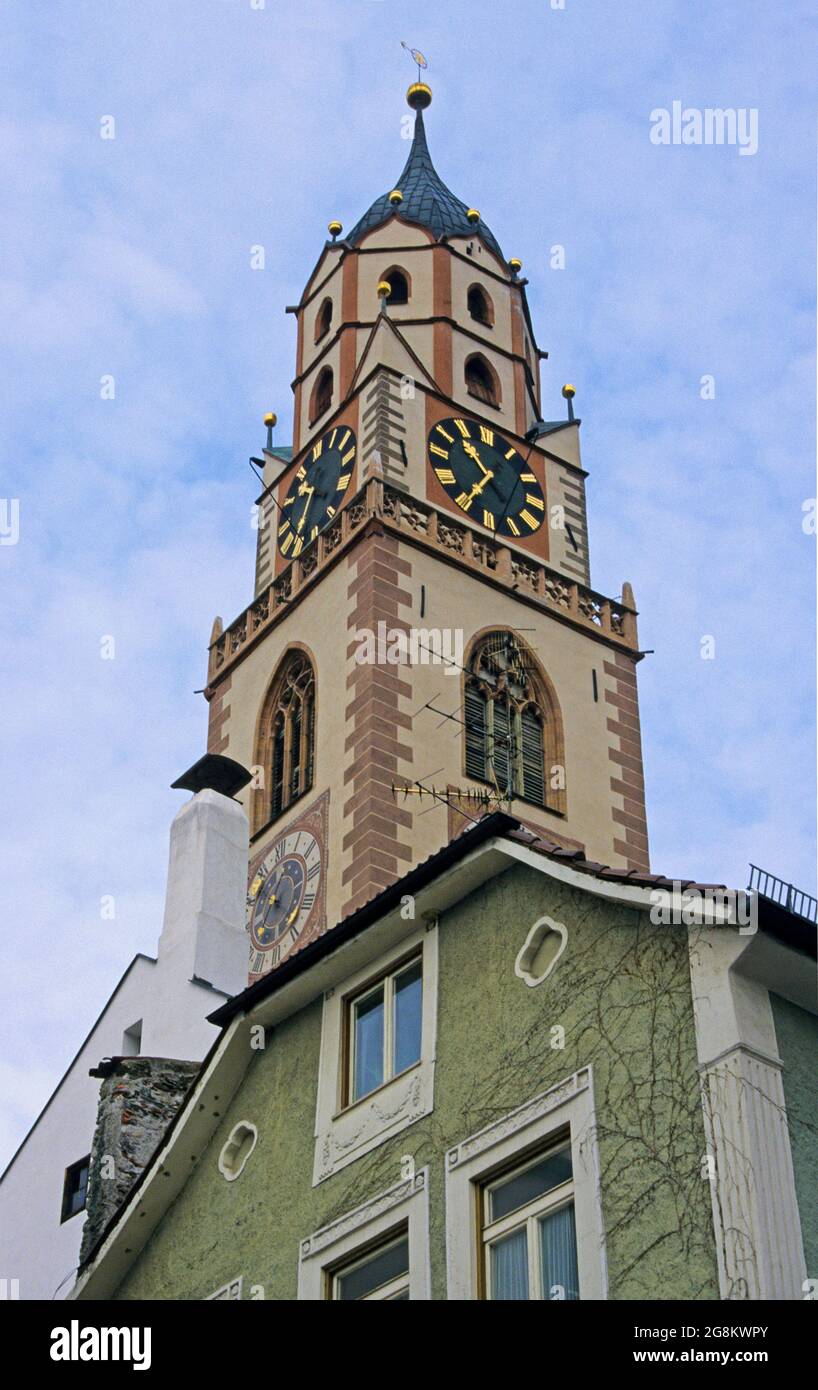 St Nikolaus cathedral belltower in Meran, South Tirol, Italy Stock ...