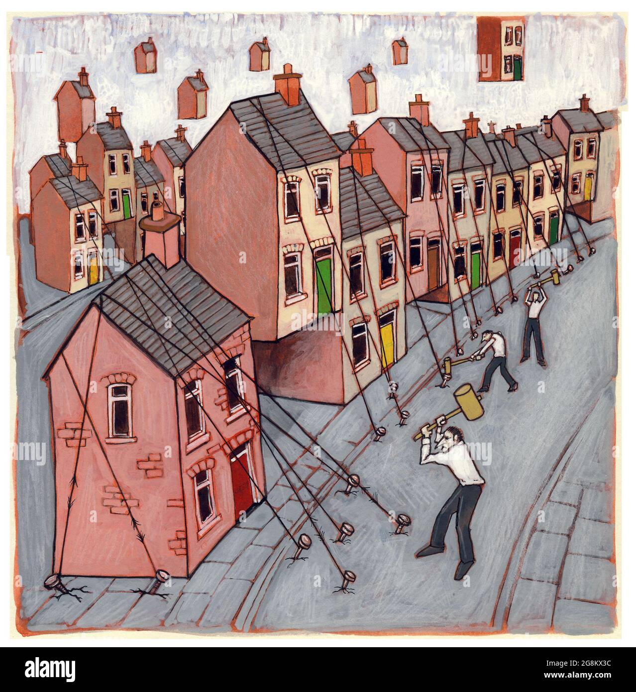 Concept art figures trying to hold down houses which are rising into ...