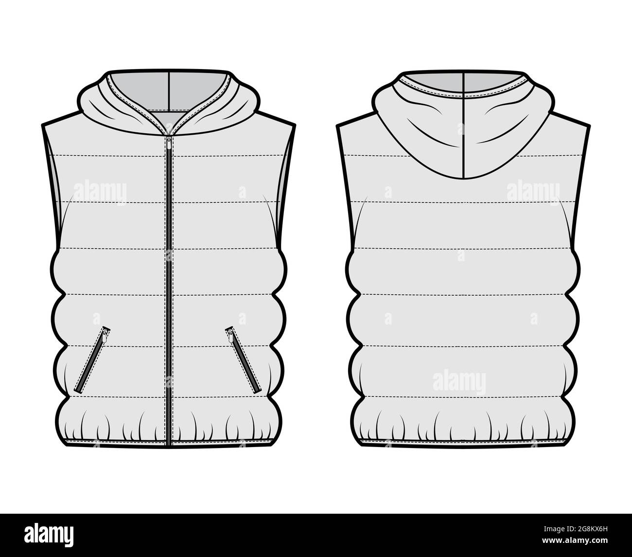 Hooded Down vest puffer waistcoat technical fashion illustration with ...