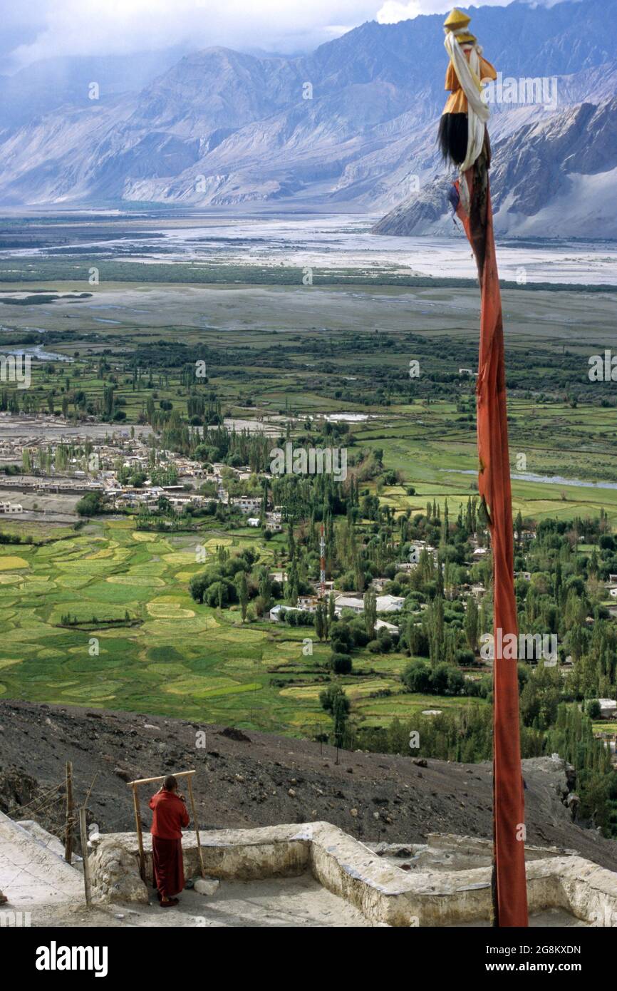 monk rooftop Diskit monastery Ladakh India Stock Photo - Alamy