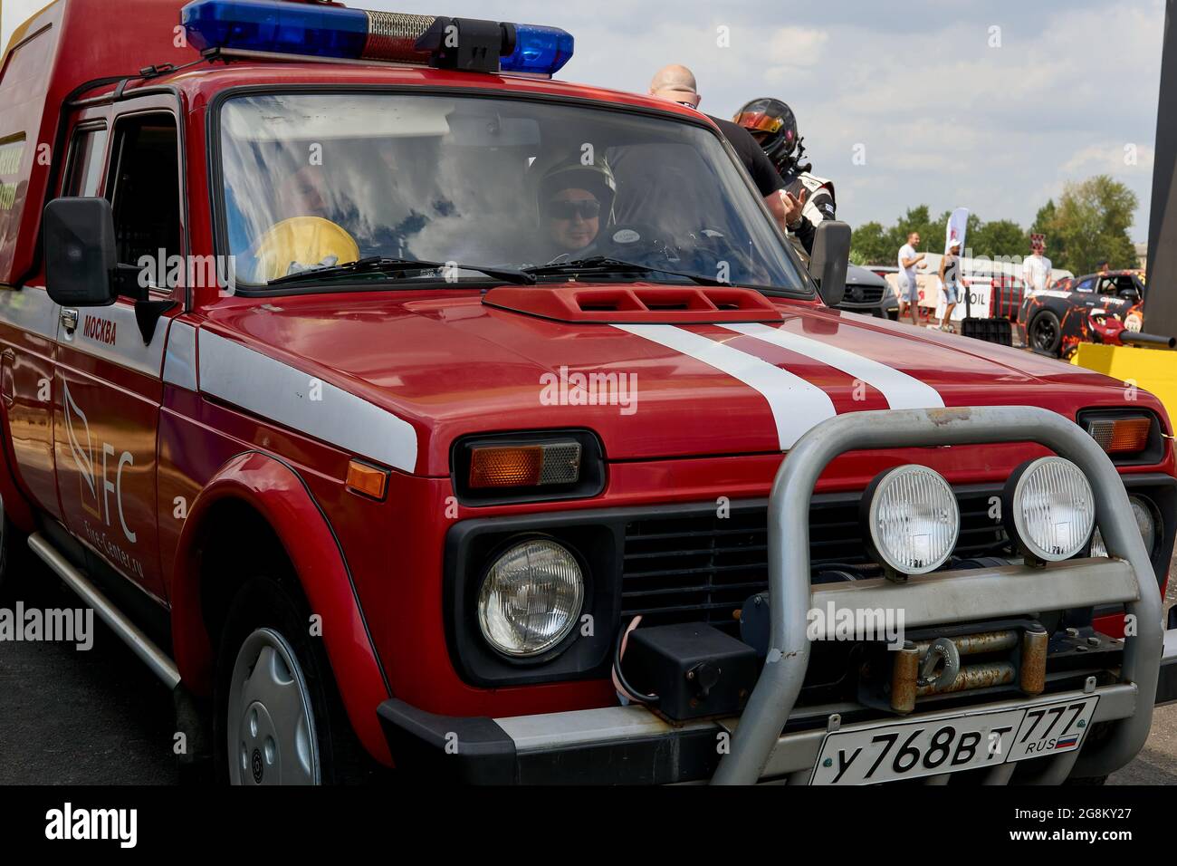 The fire brigade on duty during the "Moscow Mile" supercars race. The ...