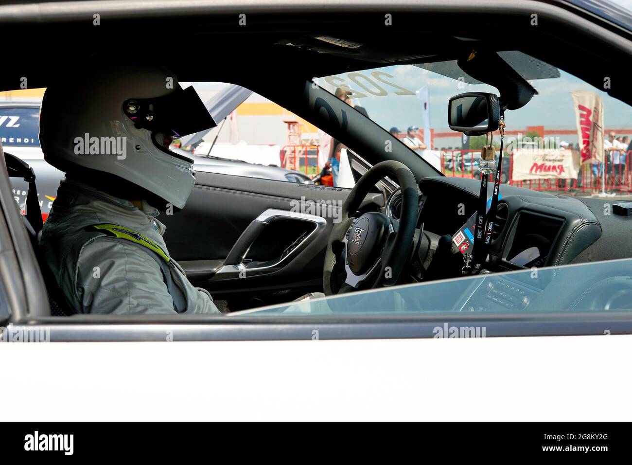 A rider in gear at the start of the "Moscow Mile" supercars race. The ...