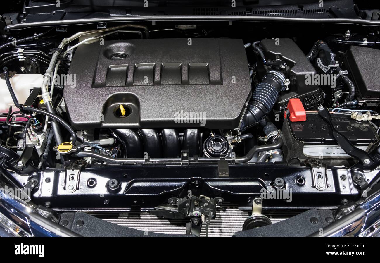 Closeup of the new gasoline engine for saving the fuel in the modern ...