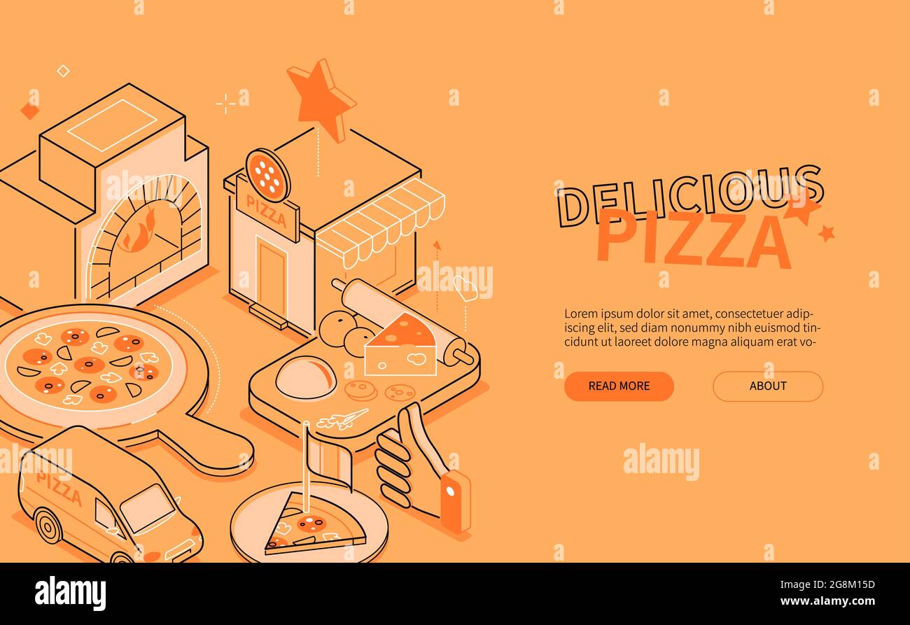 Delicious pizza - line design style isometric web banner. Online food ...