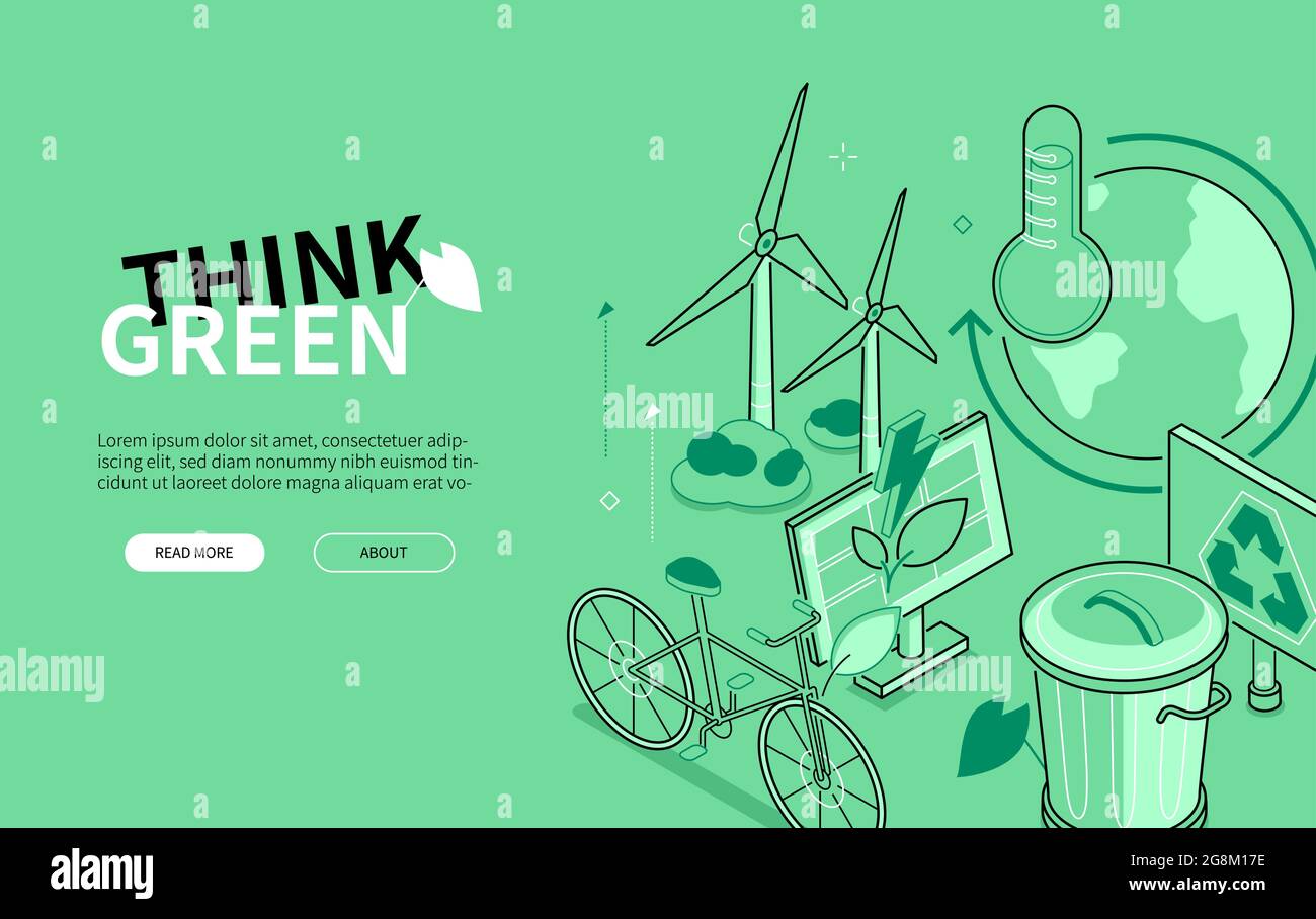 Think green - line design style isometric banner. Waste sorting, energy ...
