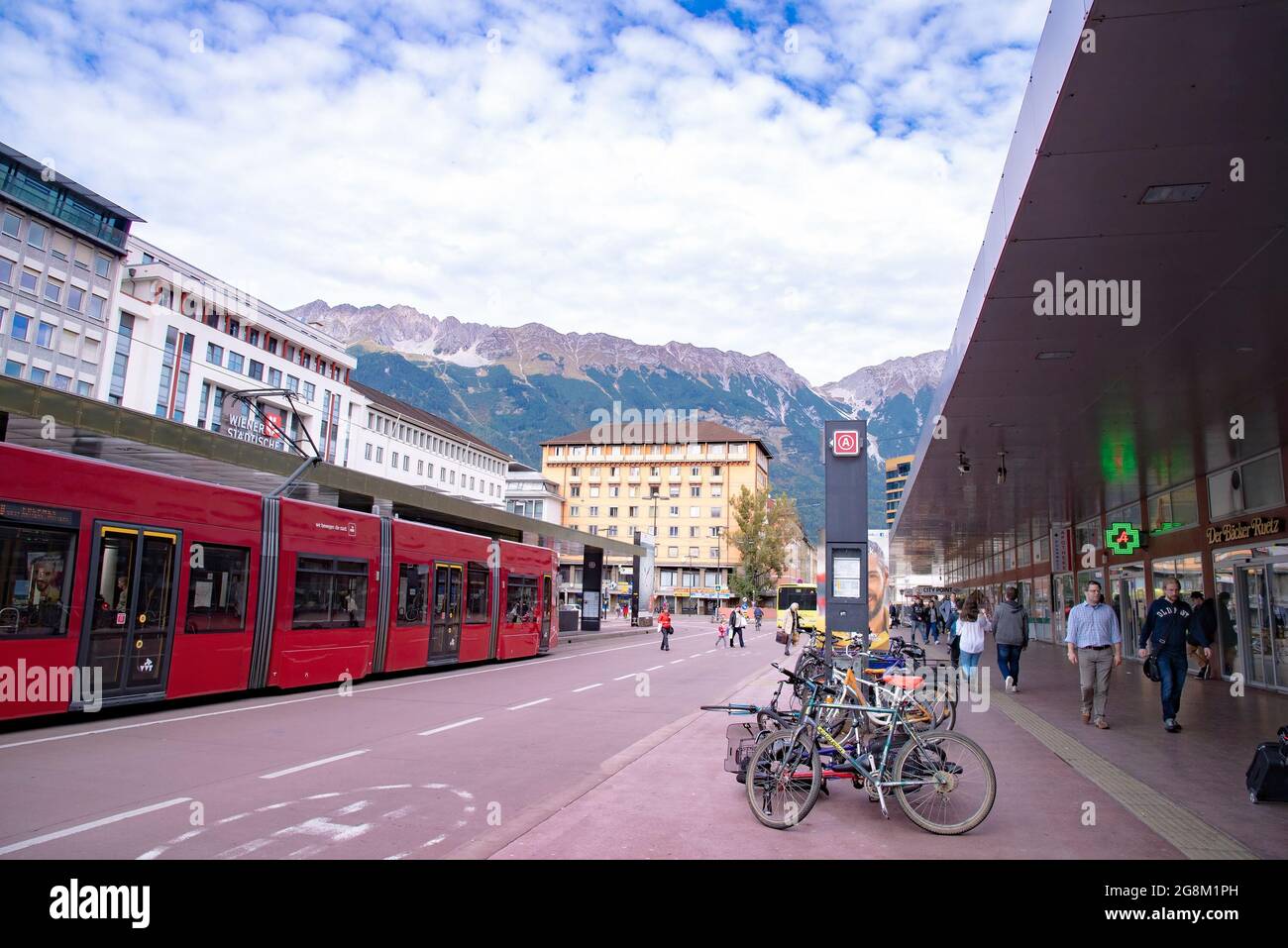 View of Red Tram in Innsbruck city centre. Taken in Innsbruck, Austria ...