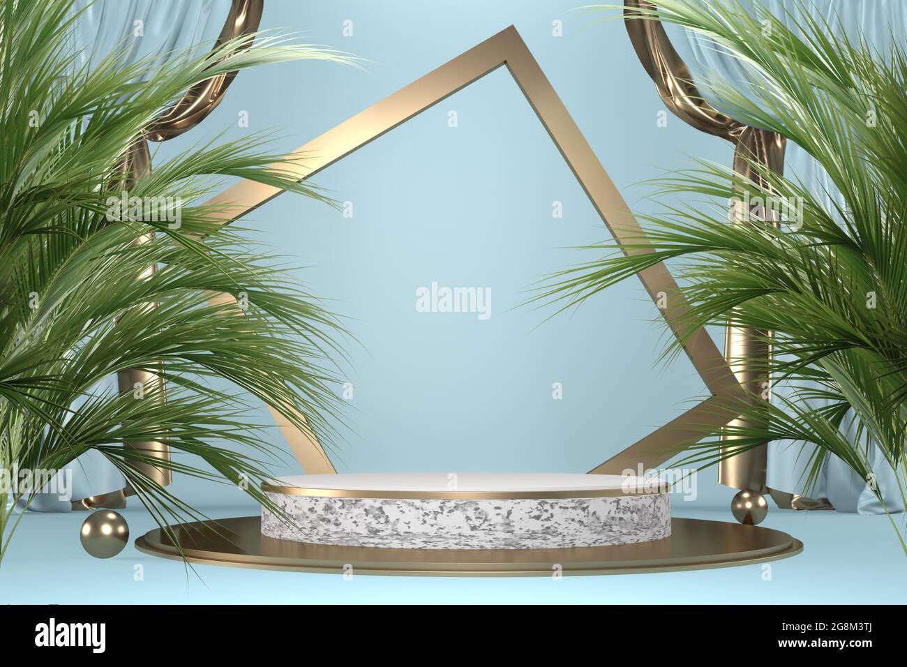 cyan Tropical granite Podium geometric and plants decoration on black ...