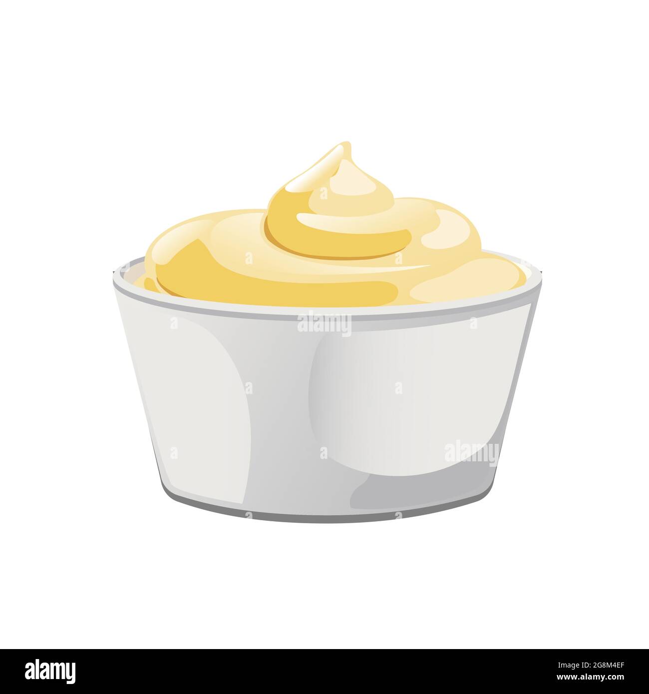 Mayonnaise sauce in bowl in cartoon style. White swirl condiment mousse ...