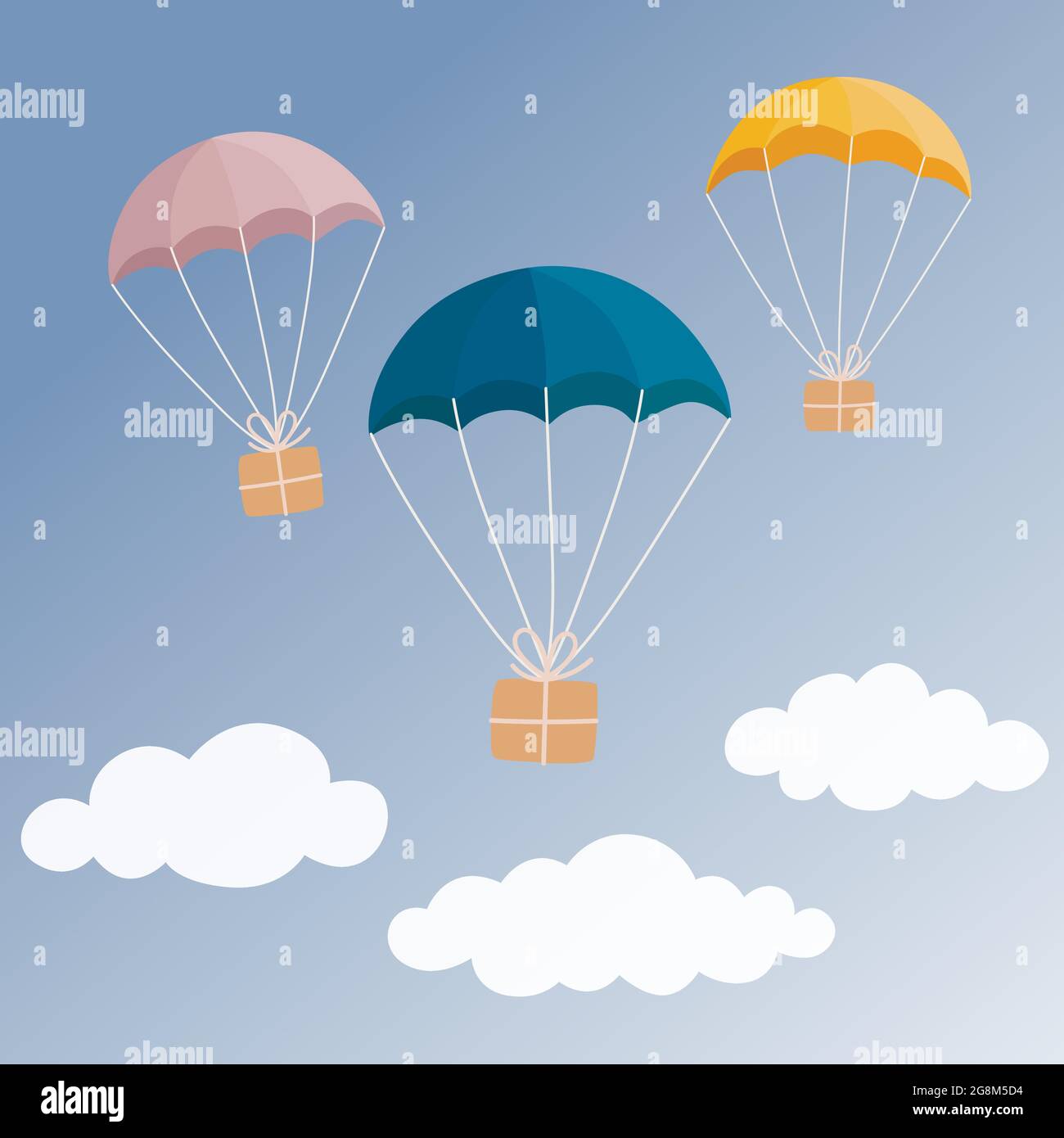 Delivery concept. Colorful parachute carrying gift boxes on light blue ...