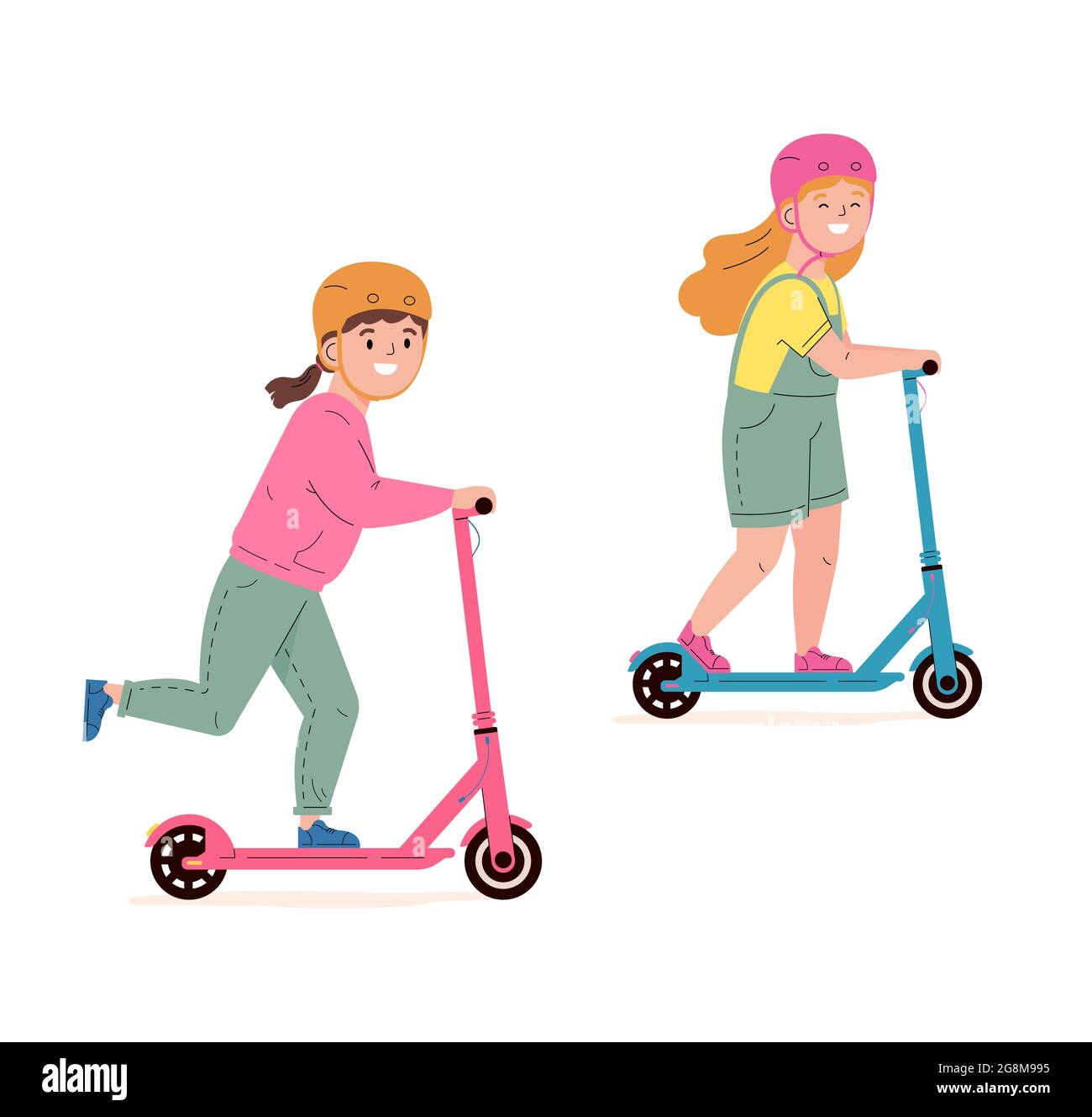 Children in helmets ride electric walk scooters Stock Vector Image ...